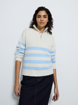 Stone Striped Quarter Zip Knitted Jumper | Women | George at ASDA