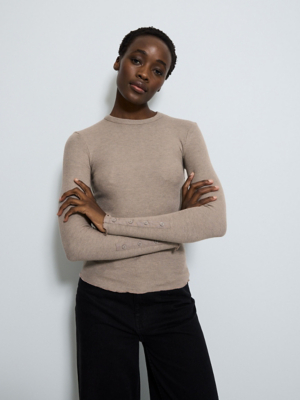 Mocha Ribbed Button Cuff Long Sleeve Top | Women | George at ASDA