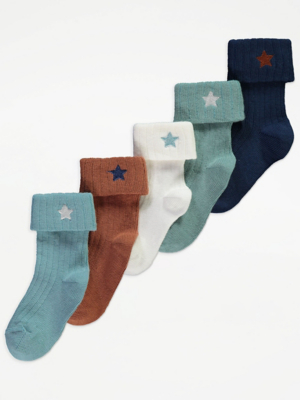 Embroidered Star Fold Over Cotton Rich Socks 5 Pack | Baby | George at ASDA