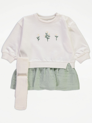Cream Daisy Sweat Dress and Tights Outfit | Baby | George at ASDA