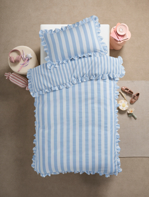 Blue Stripe Frill Trim Reversible Single Duvet Set | Home | George at ASDA