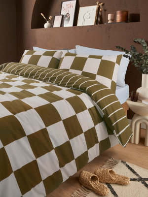 Olive & White Checkerboard Reversible Duvet Set | Home | George at ASDA