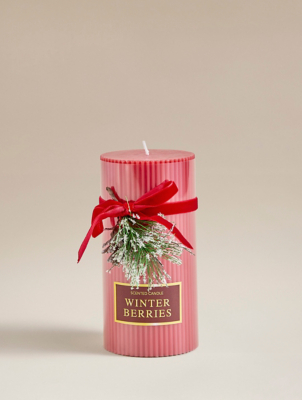 Red Winter Berries Ribbed Red Pillar Candle | Home | George at ASDA