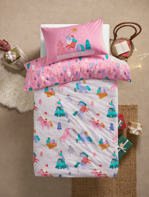 Pink Christmas Santa & Unicorn Reversible Duvet Set | Home | George at ASDA