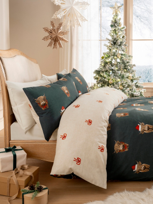 Green Christmas Highland Cow Reversible Single Duvet Set | Home ...