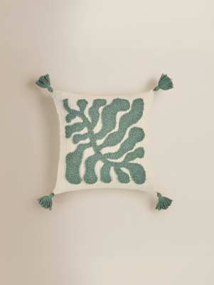Green & Natural Leaf Motif Cushion with Tassels | Home | George at ASDA