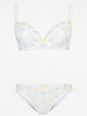 Entice White Daisy T-Shirt Bra and Brazilian Knickers Set | George at ASDA