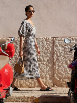 Checked Puff Sleeve Midi Dress and Tan Bag Outfit | George at ASDA