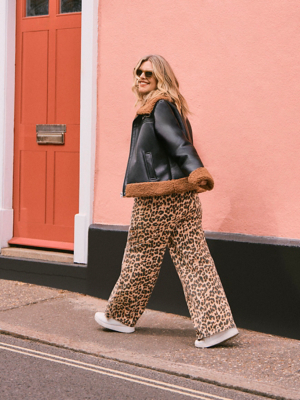 Black Aviator Jacket and Leopard Print Denim Joggers Outfit | George at ...